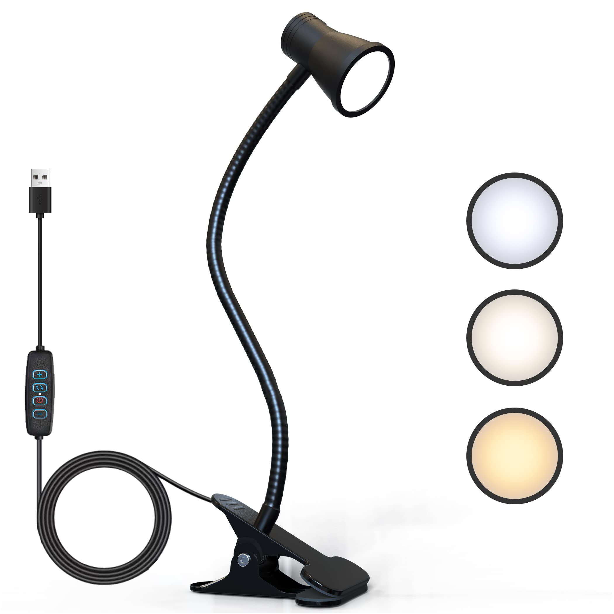 KOTUDAY Clip on lamp for Bed Headboard with Clamp for Reading, Small Clip on Light for Desk or Bedside, Flexible Gooseneck Small Clamp Light has 3 Color Modes 10 Brightness.(Black)