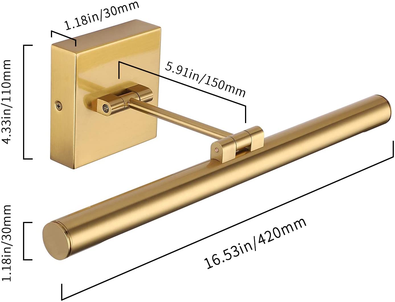 Joosenhouse LED Picture Light Fixtures Dimmable 16.53" Inch Modern Metal Artwork Hallway Lamps with Single Swing Arm, 7W (50W Eqv.), Hardwired Connection, Warm White, CRI80+, Golden-Like Brass Finish