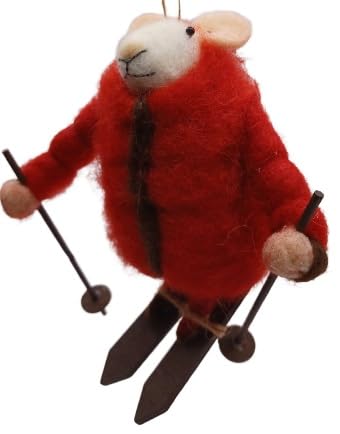 OnHoliday Wool Felt Skiing Mouse in Red Parka Hanging Christmas Tree Ornament.