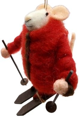 OnHoliday Wool Felt Skiing Mouse in Red Parka Hanging Christmas Tree Ornament.