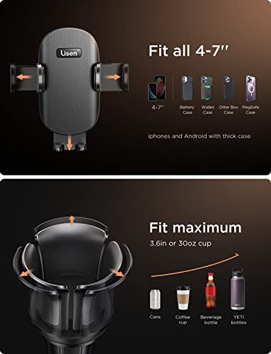 LISEN Cup Holder Expander Phone Mount for Car Tough 2-in-1 Cup Phone Holder for Car Mount, Adjustable Base & Clamp Cell Phone Holder for Car Fit Car, Truck, SUV, Tesla, Fit All iPhone & Android