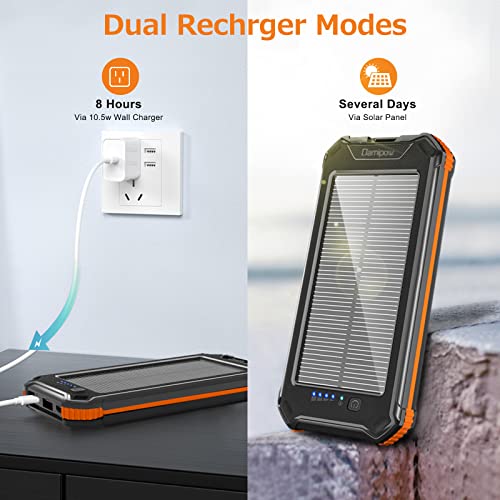 Damipow Portable Charger Solar Charger Power Bank 20000mAh with Built-in USB C & Micro B Cables, iOS Adapter, Flashlight, Waterproof External Battery Pack for for iPhone & Android