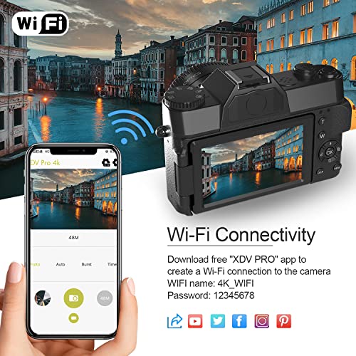 VJIANGER Digital Camera for Photography 4K 48MP Vlogging Camera for YouTube with WiFi, 16X Digital Zoom, 52mm Wide Angle & Macro Lens, 2 Batteries, 32GB TF Card(W02-Black2)
