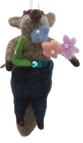 OnHoliday Wool Felt Raccoon in Shorts with Flowers Hanging Christmas Tree Ornament.
