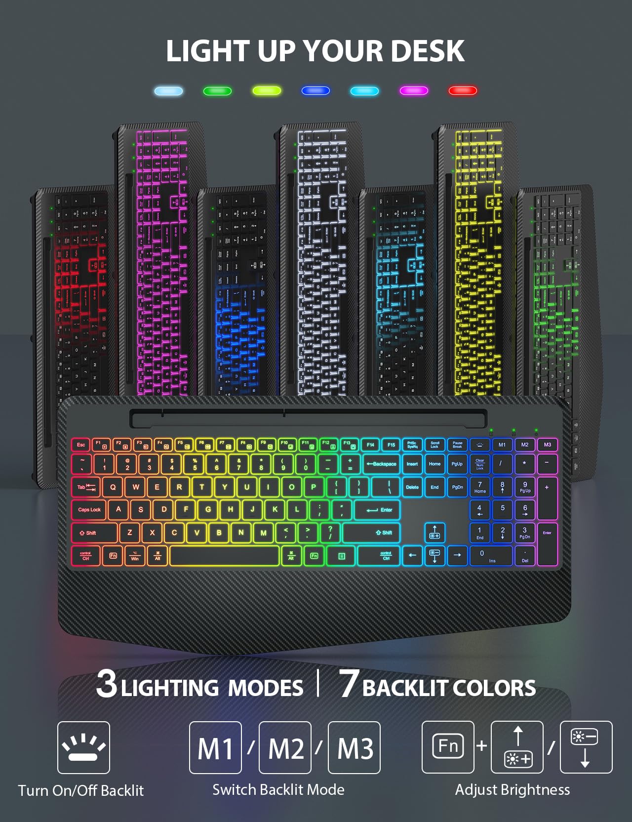 Wireless Keyboard and Mouse with 9 Colored Backlit, Wrist Rest, Jiggler Mouse, Rechargeable Silent Ergonomic Light Up Keyboard Mouse Combo with Phone Holder for Windows, Mac, PC, Laptop