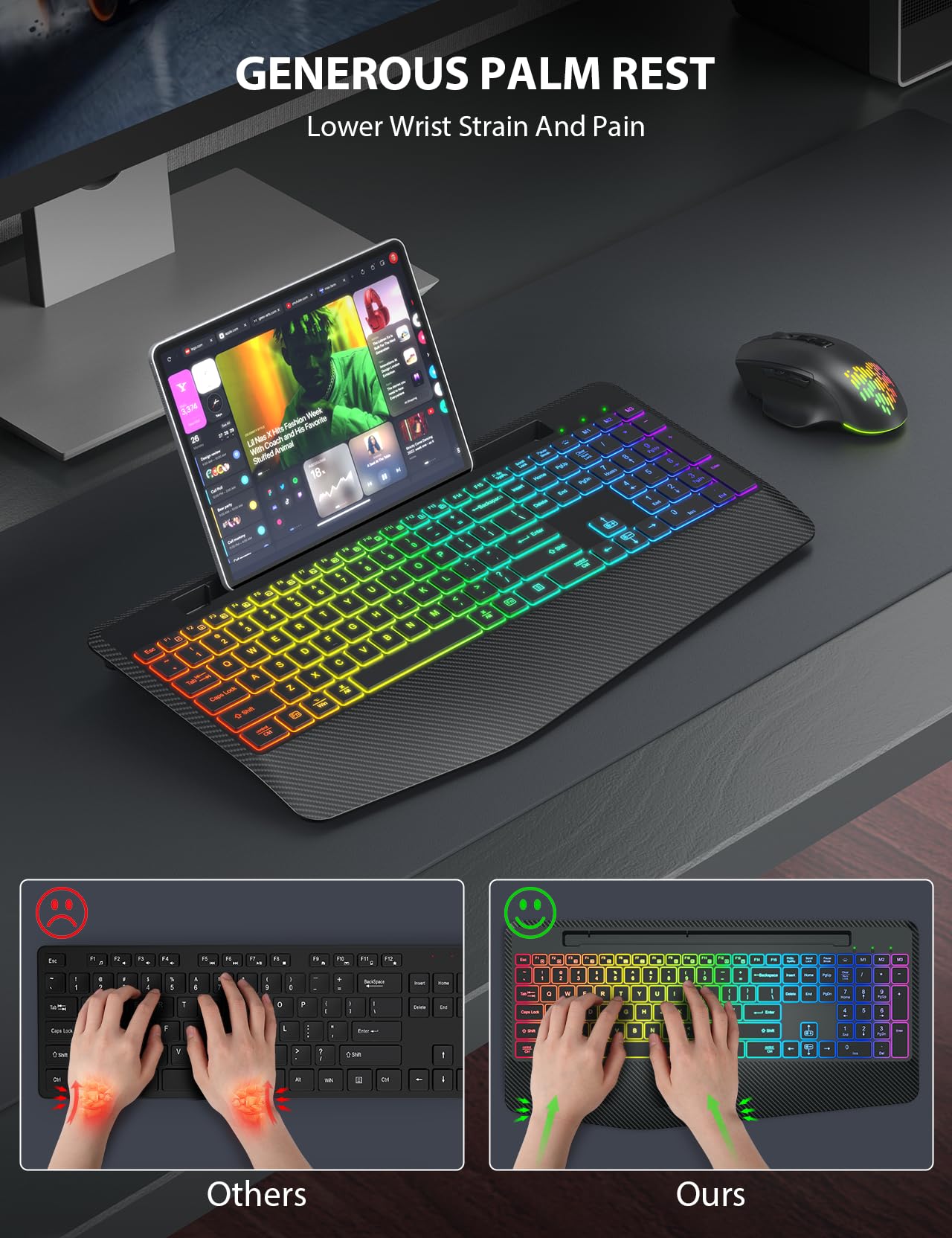 Wireless Keyboard and Mouse with 9 Colored Backlit, Wrist Rest, Jiggler Mouse, Rechargeable Silent Ergonomic Light Up Keyboard Mouse Combo with Phone Holder for Windows, Mac, PC, Laptop