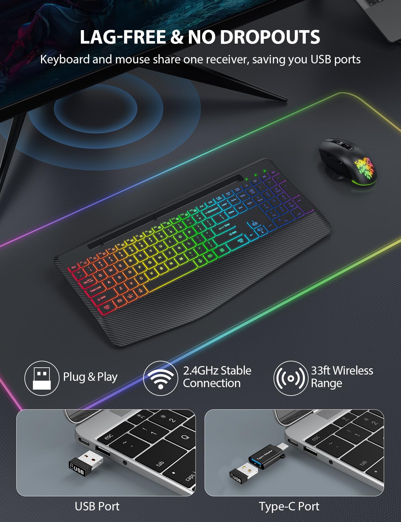 Wireless Keyboard and Mouse with 9 Colored Backlit, Wrist Rest, Jiggler Mouse, Rechargeable Silent Ergonomic Light Up Keyboard Mouse Combo with Phone Holder for Windows, Mac, PC, Laptop