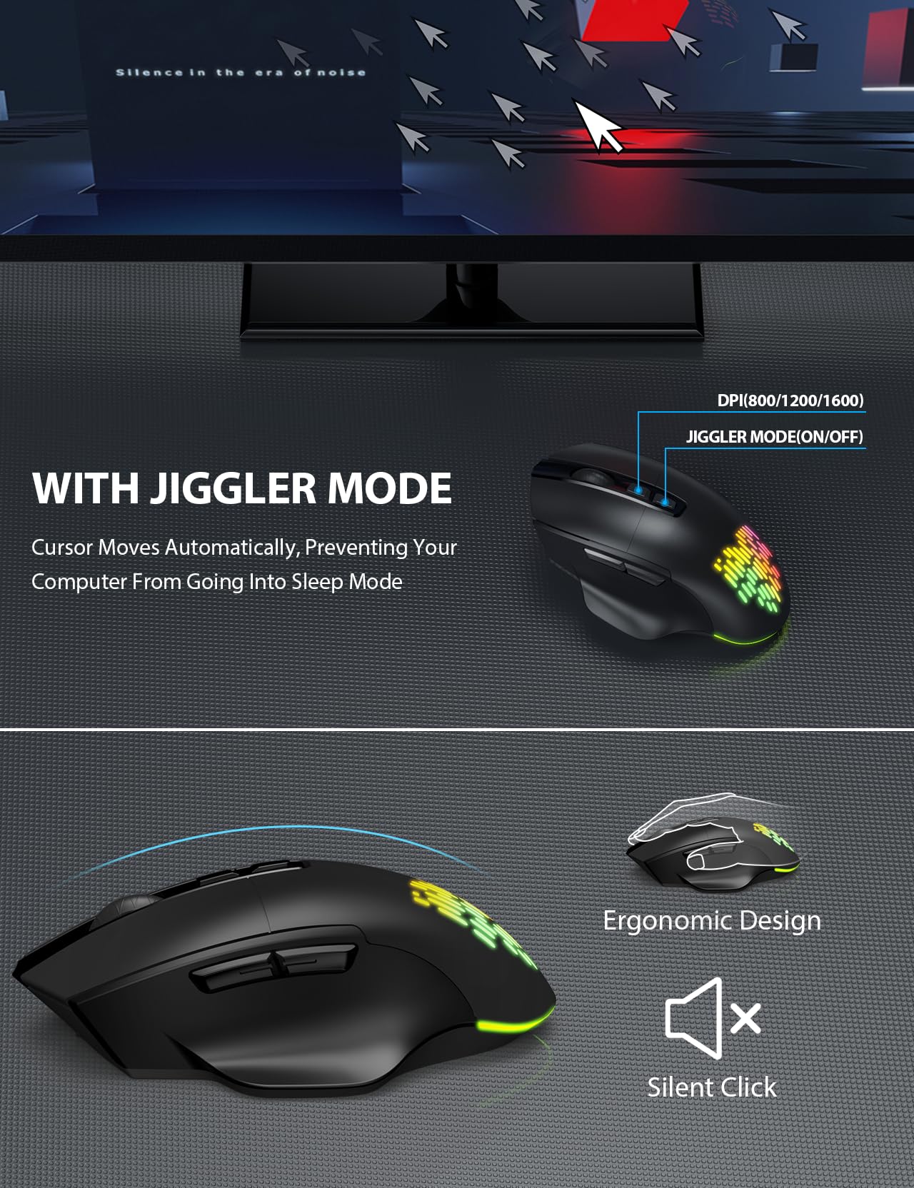 Wireless Keyboard and Mouse with 9 Colored Backlit, Wrist Rest, Jiggler Mouse, Rechargeable Silent Ergonomic Light Up Keyboard Mouse Combo with Phone Holder for Windows, Mac, PC, Laptop
