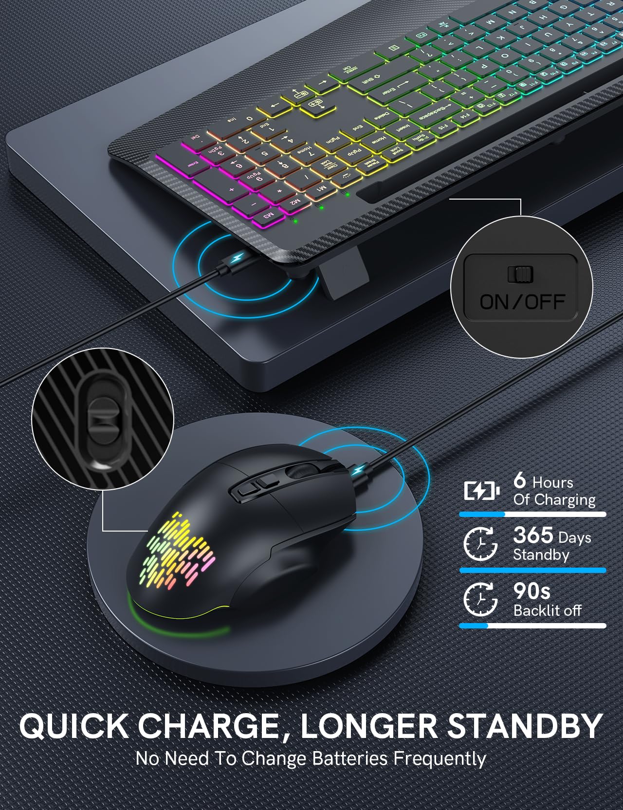 Wireless Keyboard and Mouse with 9 Colored Backlit, Wrist Rest, Jiggler Mouse, Rechargeable Silent Ergonomic Light Up Keyboard Mouse Combo with Phone Holder for Windows, Mac, PC, Laptop