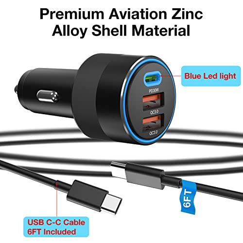 S23 S22 Ultra USB C Fast Car Charger, 3 Port 66 W Car Charger PD3.0 Dual QC 3.0 Type-C Car Charger Adapter for Samsung Galaxy Z Fold 4/Z Flip/3/4/S22/22+/S21/S20/Ultra/Note 20 Galaxy Tab (6 ft Cable)