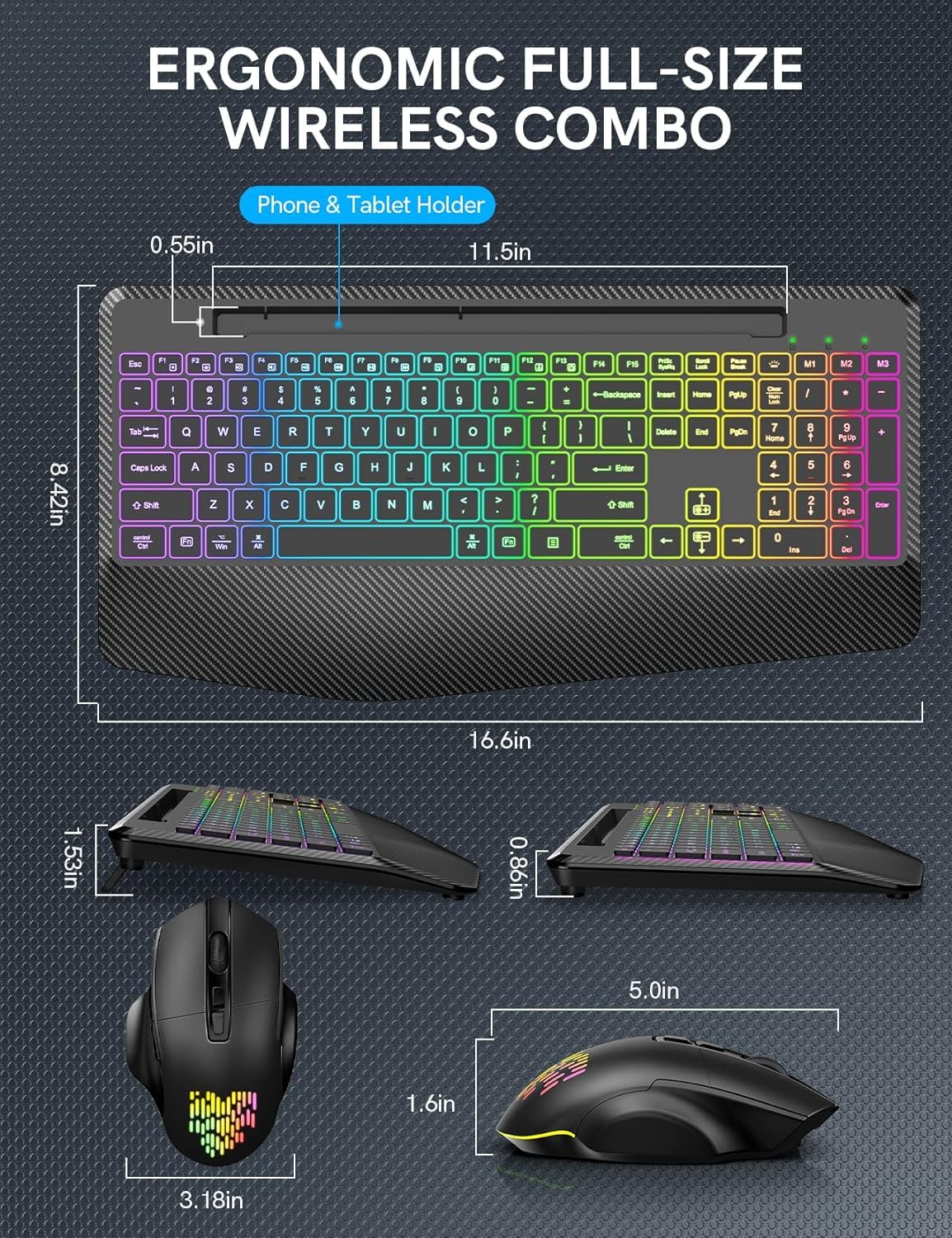 Wireless Keyboard and Mouse with 9 Colored Backlit, Wrist Rest, Jiggler Mouse, Rechargeable Silent Ergonomic Light Up Keyboard Mouse Combo with Phone Holder for Windows, Mac, PC, Laptop