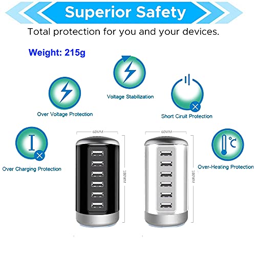 Desktop USB Charging Station,6-Port USB Tower Charging Station 30W 6A USB Charging Station,Multi Ports USB Charger Charging for Smartphones,Tablets,and Other USB Devices.(Black)