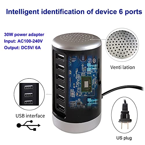 Desktop USB Charging Station,6-Port USB Tower Charging Station 30W 6A USB Charging Station,Multi Ports USB Charger Charging for Smartphones,Tablets,and Other USB Devices.(Black)
