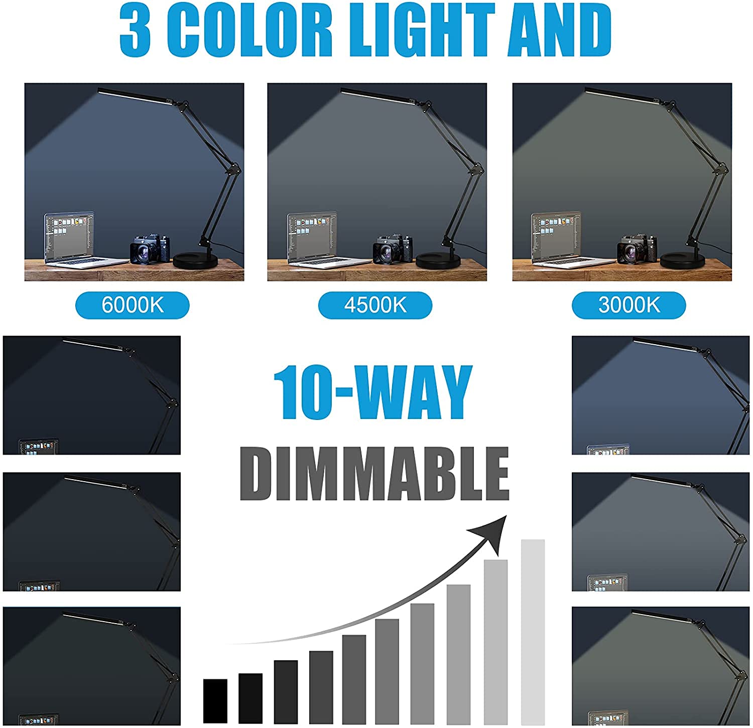 TROPICALTREE LED Desk Lamp with Clamp and Round Base,Eye Caring Table Lamp with Swing Arm,3 Color Modes 10 Brightness Levels,Memory Function, Desk Light for Home Office with USB Adapter Black-14W
