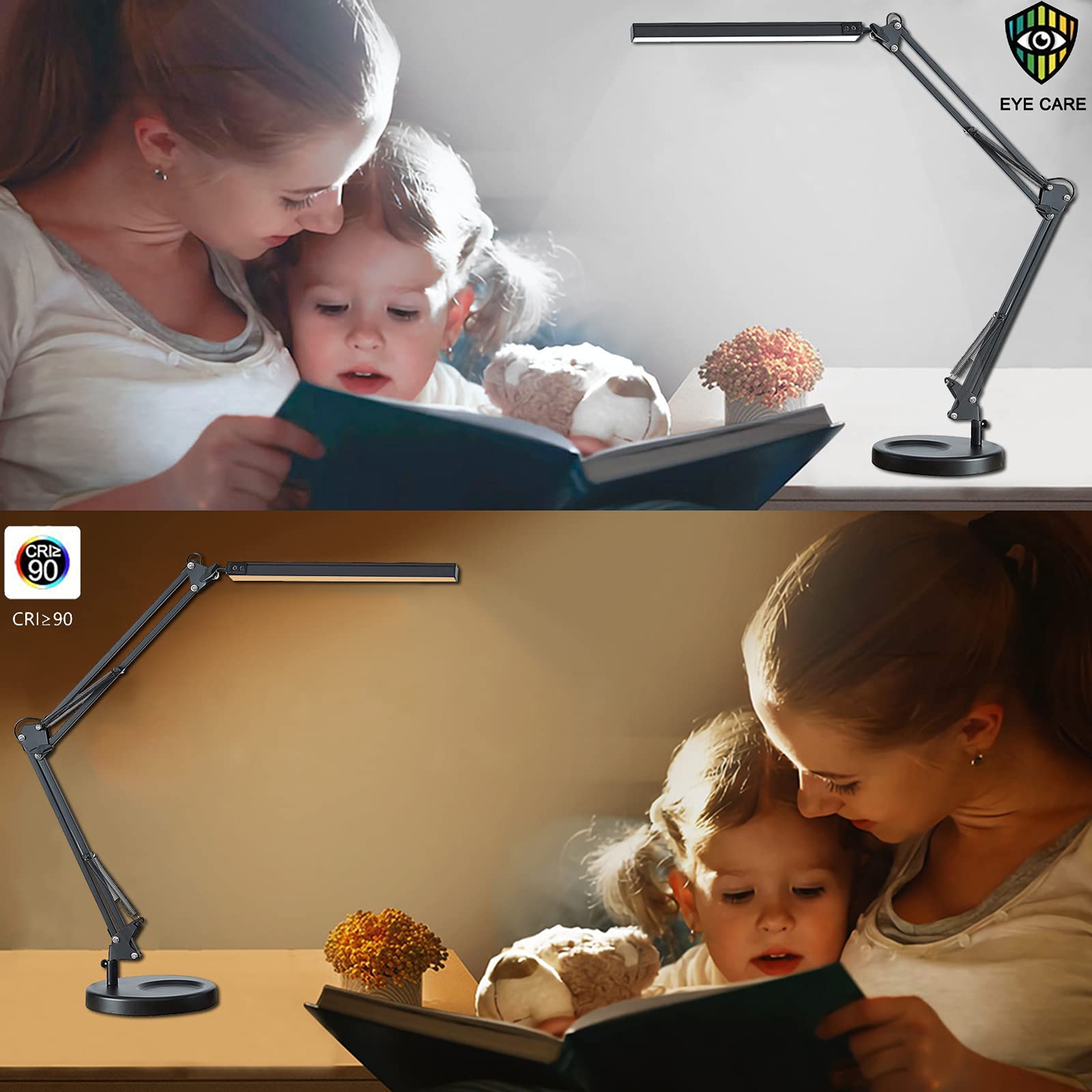 TROPICALTREE LED Desk Lamp with Clamp and Round Base,Eye Caring Table Lamp with Swing Arm,3 Color Modes 10 Brightness Levels,Memory Function, Desk Light for Home Office with USB Adapter Black-14W