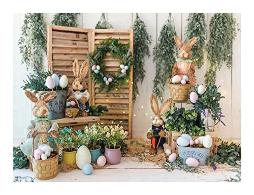 Funnytree 8x6ft Durable Fabric Happy Easter Photography Backdrop No Wrinkles Spring Wooden Wall Colorful Eggs Rabbit Background Baby Shower Kids Birthday Party Decor Portrait Banner Photo Booth Props