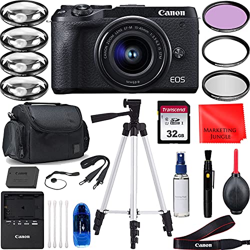 M6 Mark II Mirrorless Digital Camera with 15-45mm Lens Bundle (Black) vlogging Camera kit + Tripod, Memory Card, Lens Filters and More