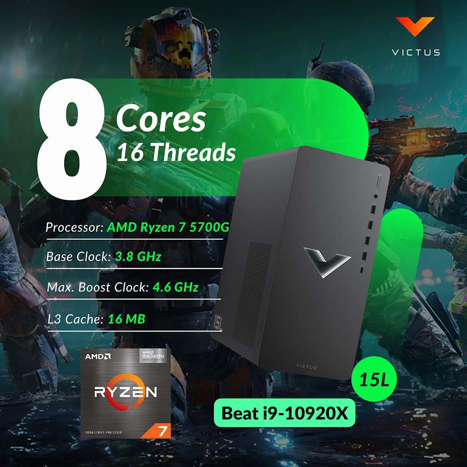 HP 15L Victus Gaming PC, AMD Ryzen 7 5700G(Beat i9-10920X,4.6 Ghz), 32GB RAM - 512GB PCIe SSD, Radeon RX 6600XT(Beat RTX 3060), Prebuilt Gaming PC Bundle, Wifi 6, 3 DisplayPort, Windows 11 Home, Black