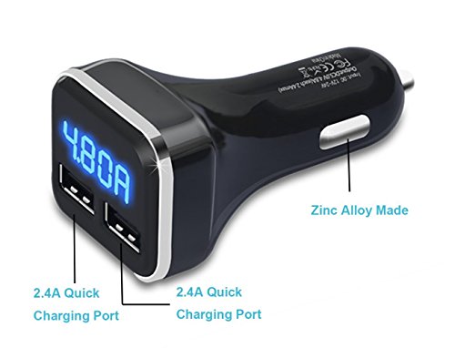 Jebsens 4.8A 24W Dual USB Car Charger Volt Meter Car Battery Monitor with LED Voltage & Amps Display, for iPhone 7 / 6s / Plus, iPad Pro/Air 2 / Mini, Galaxy S7 / S6 / Edge/Plus, Note 5/4