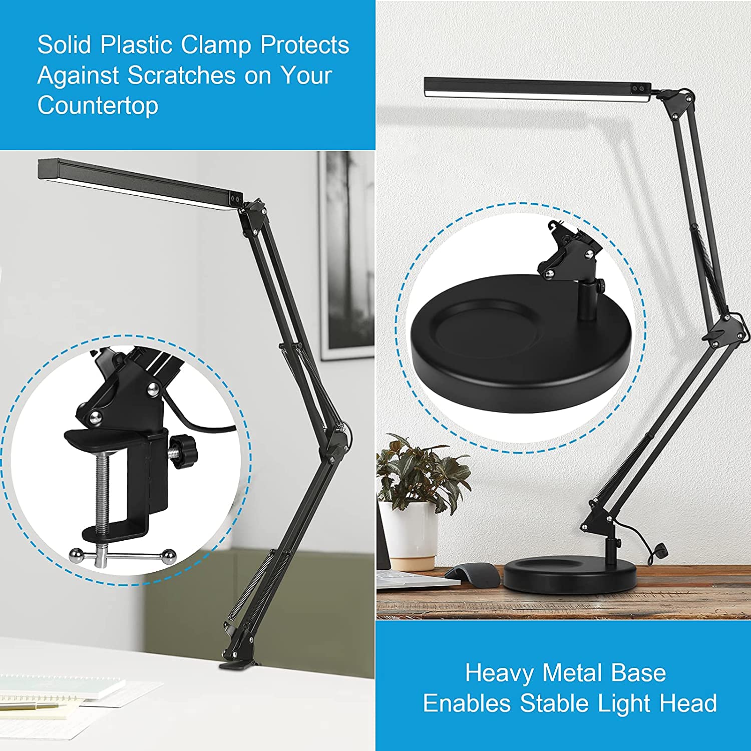 TROPICALTREE LED Desk Lamp with Clamp and Round Base,Eye Caring Table Lamp with Swing Arm,3 Color Modes 10 Brightness Levels,Memory Function, Desk Light for Home Office with USB Adapter Black-14W