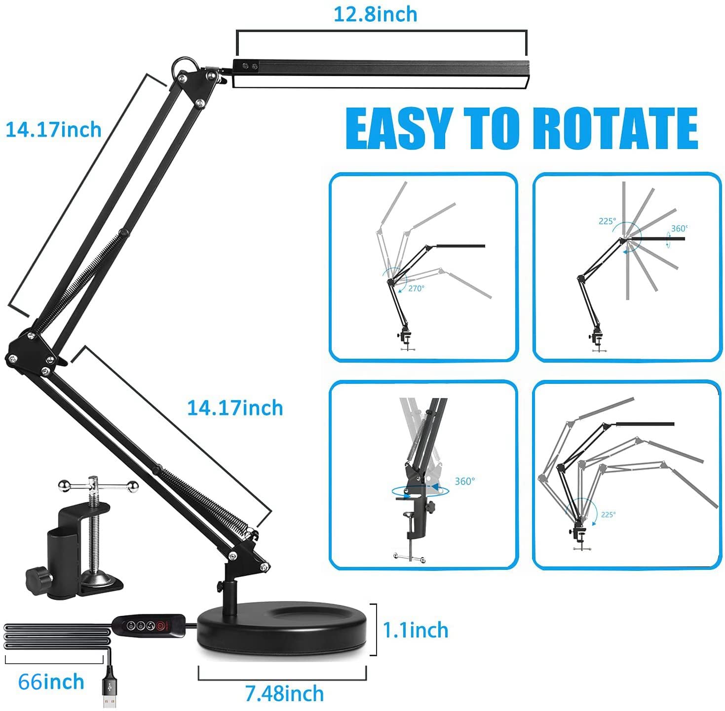 TROPICALTREE LED Desk Lamp with Clamp and Round Base,Eye Caring Table Lamp with Swing Arm,3 Color Modes 10 Brightness Levels,Memory Function, Desk Light for Home Office with USB Adapter Black-14W