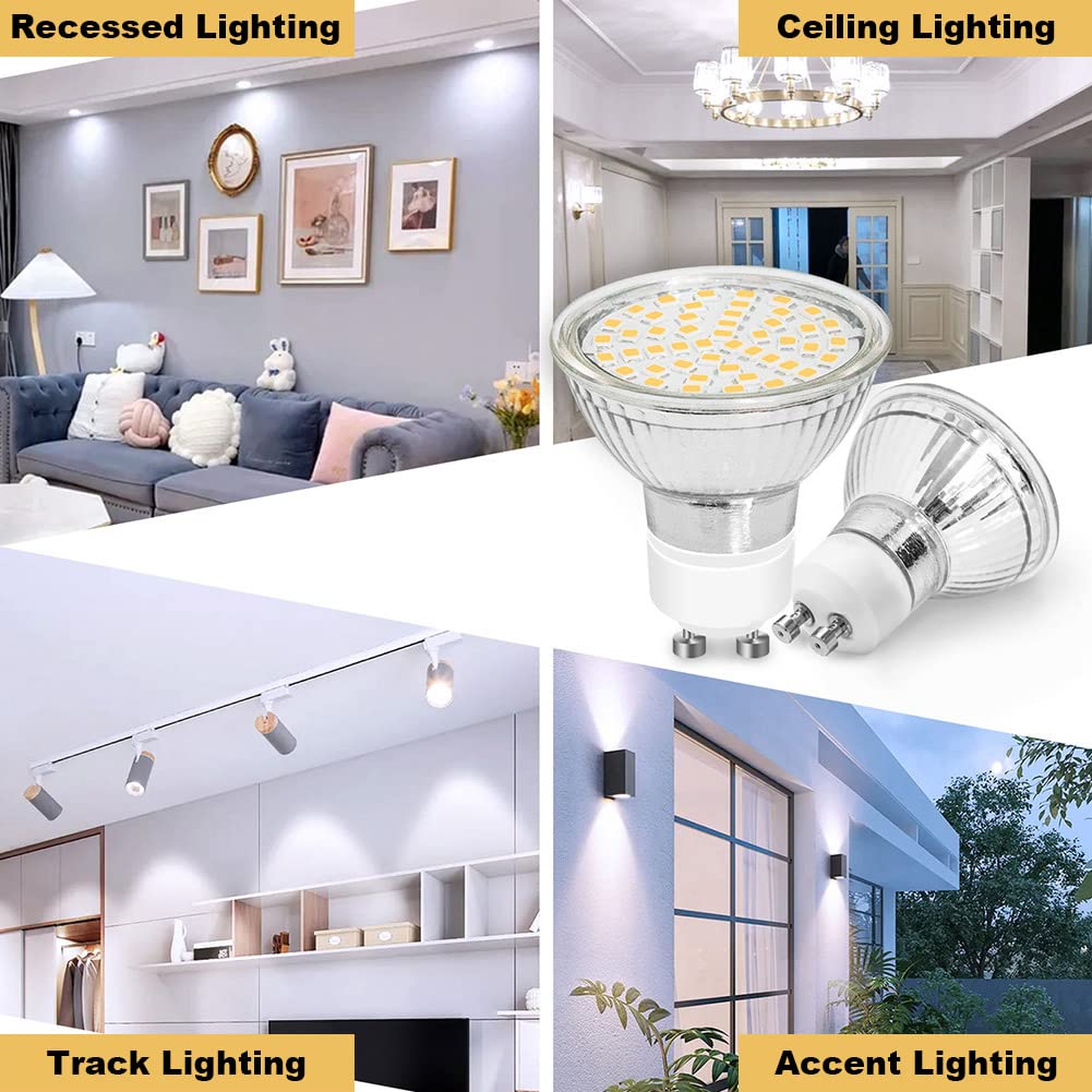 GU10 LED Light Bulbs Dimmable Daylight White 5000K 4W 2 Prong Light Bulbs Halogen Replacement Lamp 50W 40W MR16 (GU10 Base) Spotlight Track Lighting Bulb, 450LM 120° Flood Beam Angle, Pack of 6