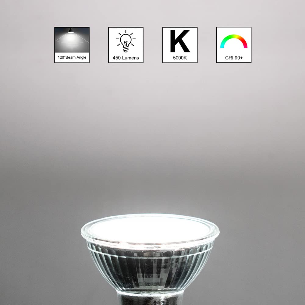 GU10 LED Light Bulbs Dimmable Daylight White 5000K 4W 2 Prong Light Bulbs Halogen Replacement Lamp 50W 40W MR16 (GU10 Base) Spotlight Track Lighting Bulb, 450LM 120° Flood Beam Angle, Pack of 6