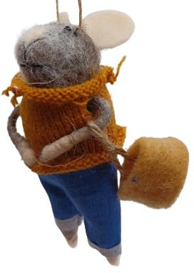 OnHoliday Wool Felt Mouse in Sweater and Jeans Gardening with Basket Hanging Christmas Tree Ornament
