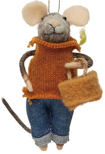 OnHoliday Wool Felt Mouse in Sweater and Jeans Gardening with Basket Hanging Christmas Tree Ornament