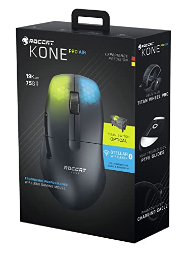 ROCCAT Kone Pro Air Gaming PC Wireless Mouse, Bluetooth Ergonomic Performance Computer Mouse with 19K DPI Optical Sensor, AIMO RGB Lighting & Aluminum Scroll Wheel, 100+ Hour Battery Life, Black