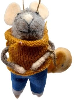 OnHoliday Wool Felt Mouse in Sweater and Jeans Gardening with Basket Hanging Christmas Tree Ornament