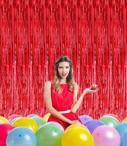2 Pcs 3.2ft x 8.2ft Shiny Red Metallic Tinsel Foil Fringe Curtains Photo Booth Backdrop for Birthday Wedding Holiday Celebration Bachelorette Party Decorations (Red)