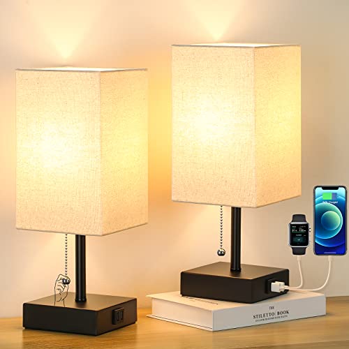 BesLowe Bedside Lamps with USB Charging Ports, Table Lamps Set of 2, Nightstand Lamps, Minimalist Modern with Pull Chain Switch and Beige Fabric Shade for Bedroom Living Room Home Office Kid’s Room