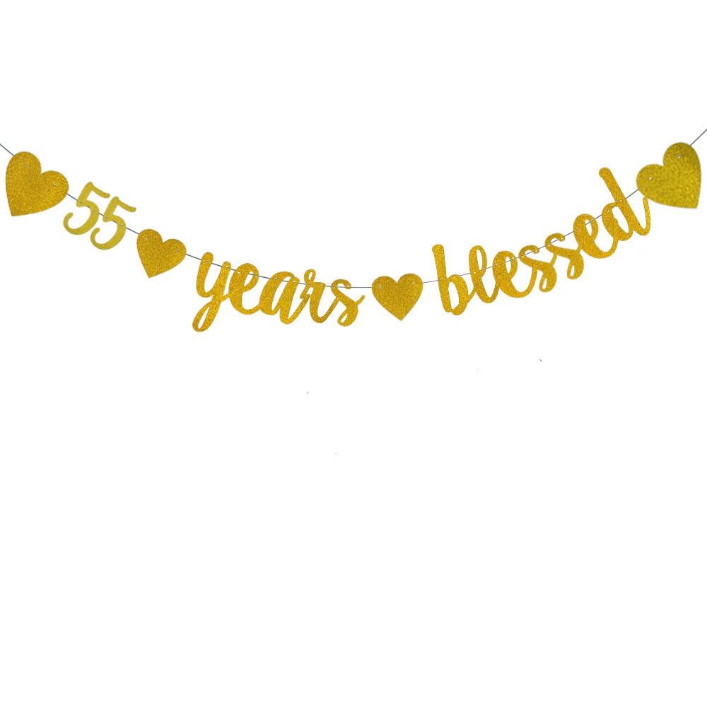 WEIANDBO 55 Years Blessed Gold Glitter Banner,Pre-Strung,55th Birthday / Wedding Anniversary Party Decorations Bunting Sign Backdrops,55 Years blessed