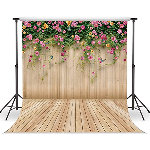 WOLADA 10x10FT Flower Wall Backdrop Spring Backdrop Spring Floral Photo Backdrop Brown Wood Plank Flower Wall Photography Backdrop Girl Birthday Party Wedding Shower Photography Background 8909