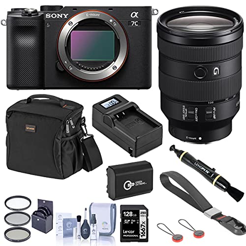 Sony Alpha 7C Mirrorless Digital Camera, Black with FE 24-105mm f/4 G OSS E-Mount Lens Bundle with Bag, 128GB SD Card, Wrist Strap, Extra Battery, Charger, Filter Kit and Accessories