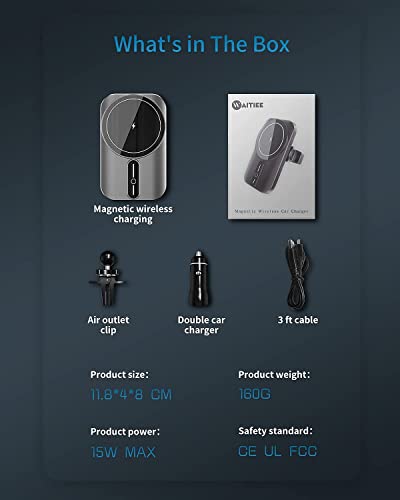 Magnetic Wireless Charger with QC3.O car Adapter WAITIEE Car Charger Mount for iPhone 14/13/12 Series with Air Vent Phone Holder 360° Adjustable Fast Car Charging