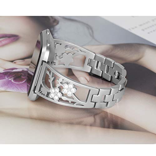 Mtozon Stainless Steel Bands Compatible with Fitbit Versa 2/Versa Lite/Versa for Women, Luxurious Bling Bracelet with Rhinestone Metal Wristbands, Silver