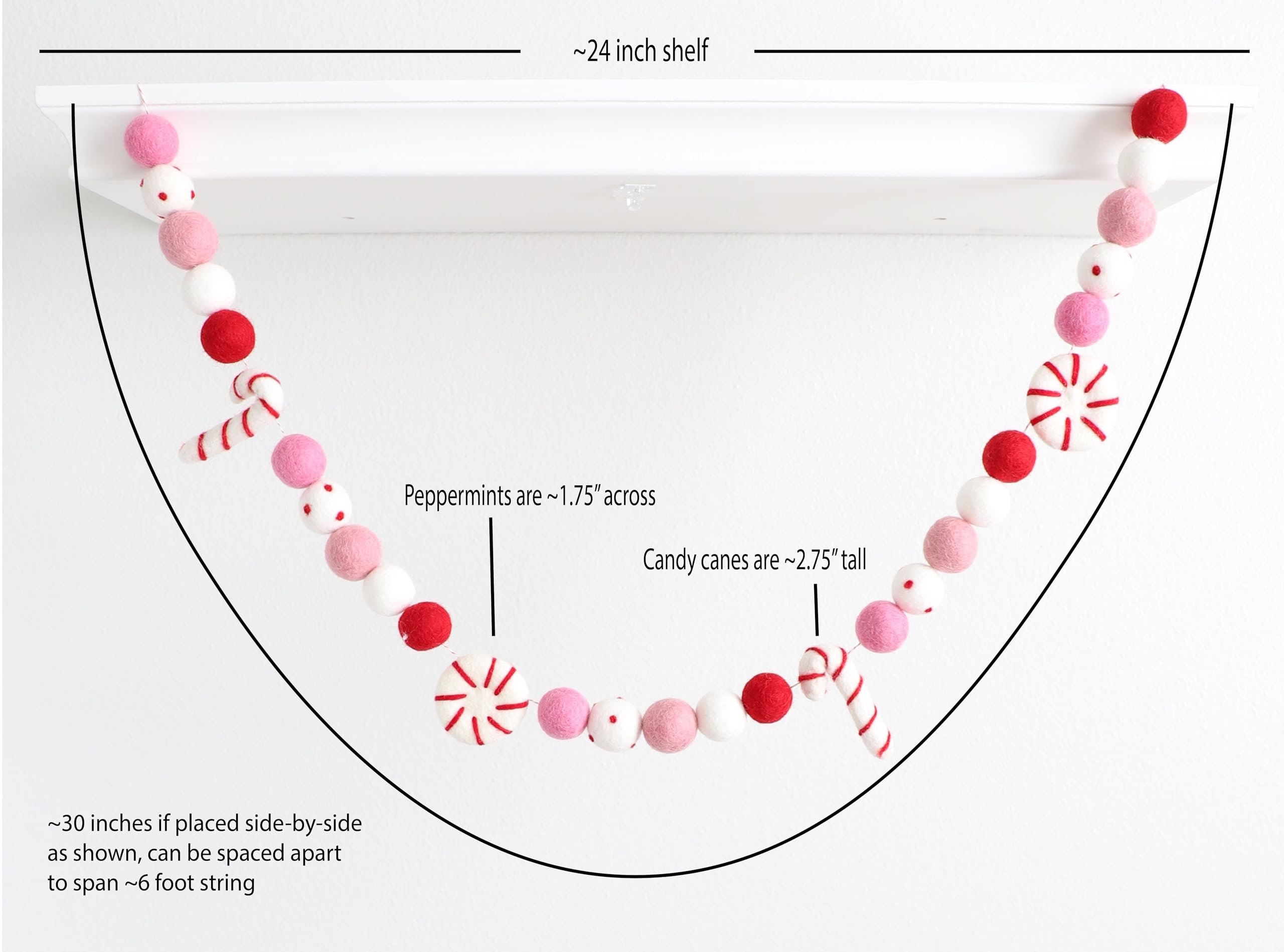 Mini Felt Factory | Christmas Felt Garland ~7 Ft 100% Wool Pom 2.5 cm Balls Candy Cane Peppermint Ornament Boho Pink Holiday Bright Decor Mantel Hanging Seasonal Banner Craft Wall Party