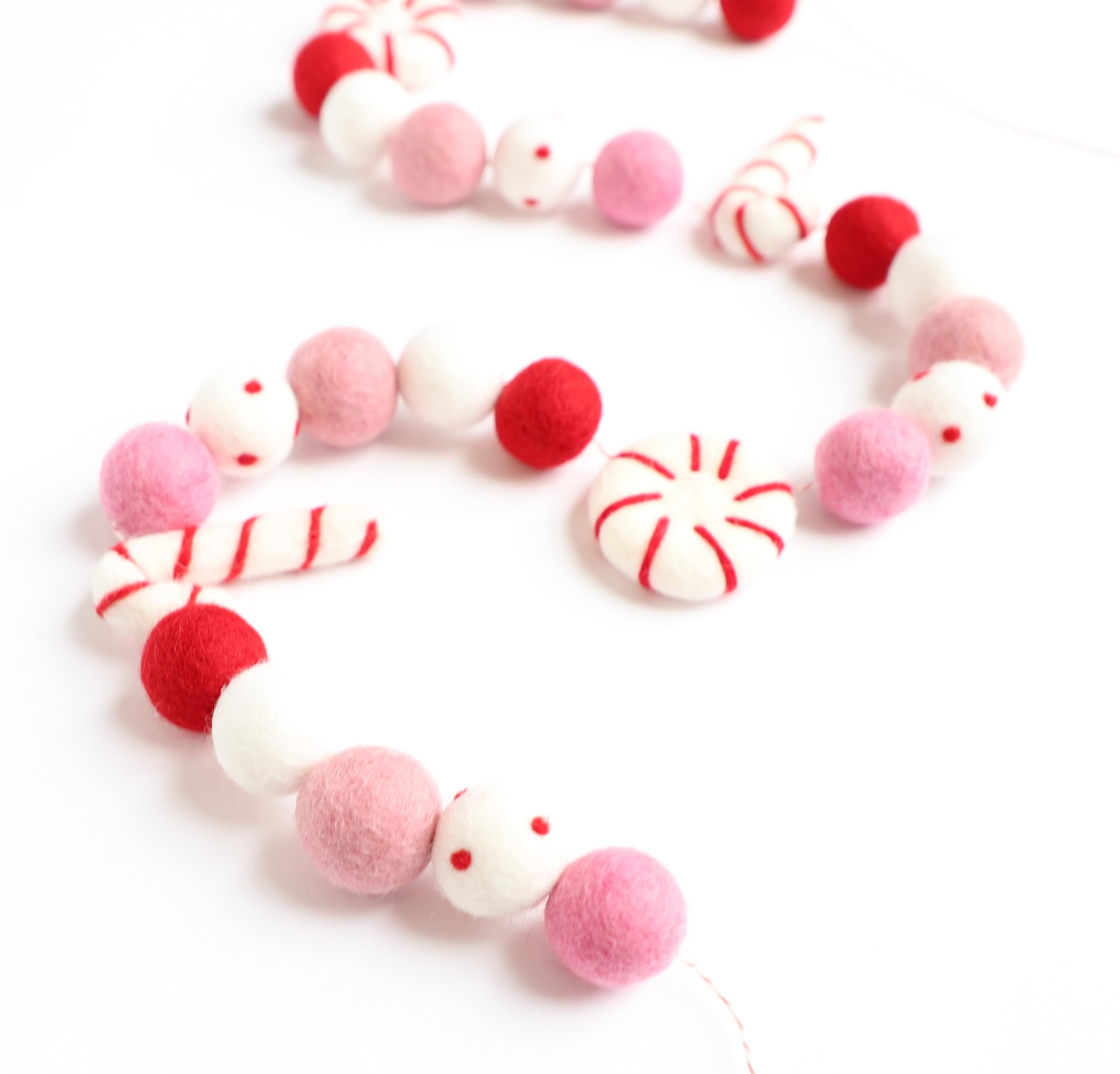 Mini Felt Factory | Christmas Felt Garland ~7 Ft 100% Wool Pom 2.5 cm Balls Candy Cane Peppermint Ornament Boho Pink Holiday Bright Decor Mantel Hanging Seasonal Banner Craft Wall Party