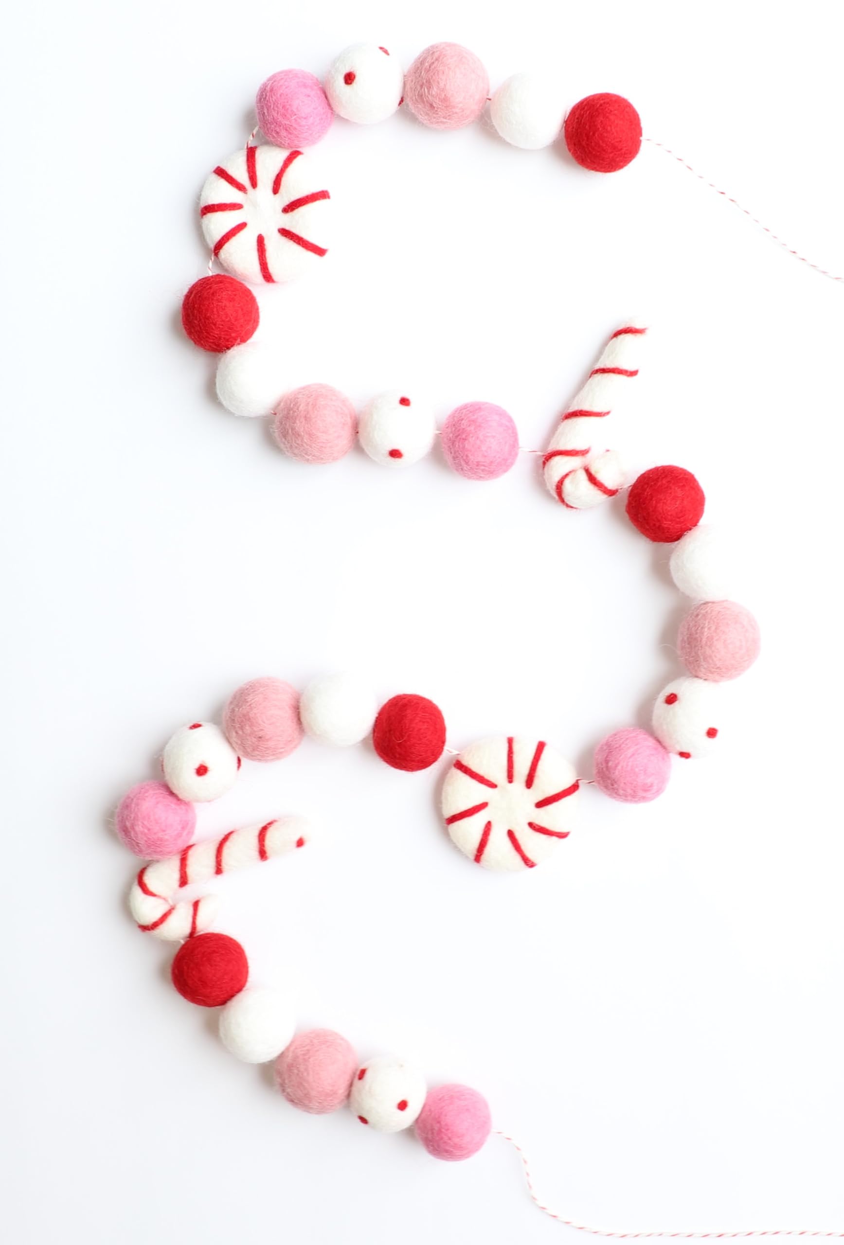 Mini Felt Factory | Christmas Felt Garland ~7 Ft 100% Wool Pom 2.5 cm Balls Candy Cane Peppermint Ornament Boho Pink Holiday Bright Decor Mantel Hanging Seasonal Banner Craft Wall Party
