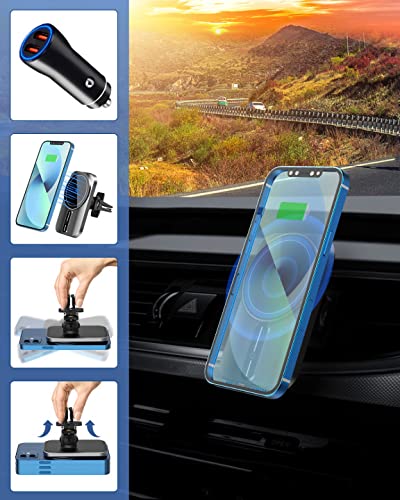 Magnetic Wireless Charger with QC3.O car Adapter WAITIEE Car Charger Mount for iPhone 14/13/12 Series with Air Vent Phone Holder 360° Adjustable Fast Car Charging