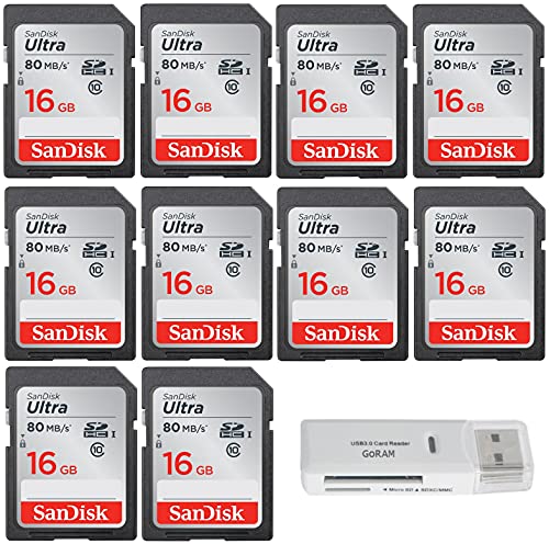SanDisk 16GB (10 Pack) Ultra Class 10 SDHC 80MB/s UHS-I Memory Camera Card SDSDUNC-016G-GN6IN Bundle with (1) GoRAM USB 3.0 Card Reader