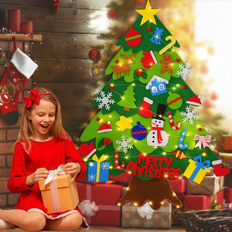 DIY Felt Christmas Tree Set, Felt Christmas Tree for Toddlers Kids with Led String Light, 3.2ft Wall Hanging DIY Christmas Tree with Detachable Ornaments Home (A-with Light)
