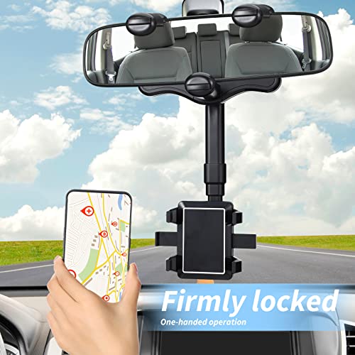 Rearview Mirror Phone Holder for Car, Universal 360° Rotating Rear View Mirror Phone Mount with Adjustable Arm Length, 8 Mask Holder for Car Multifunctional Phone and GPS Holder for Most Smartphones