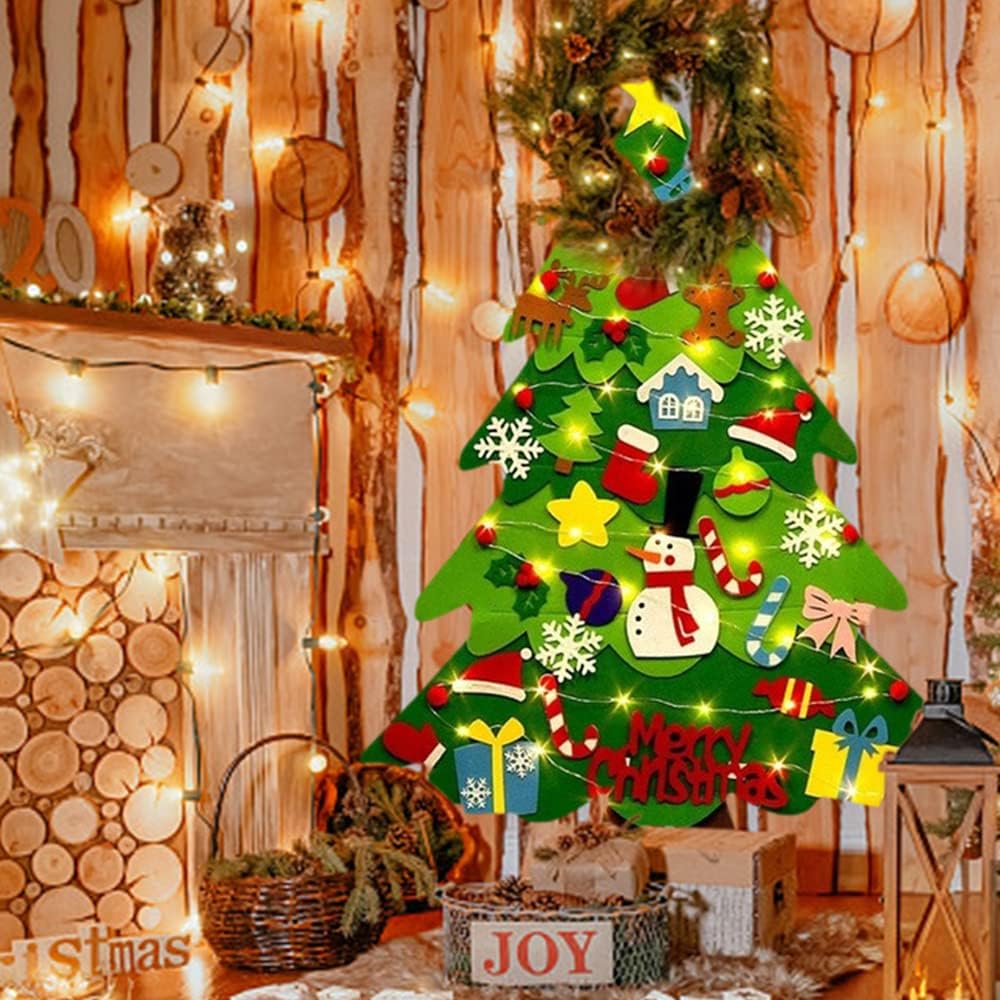 DIY Felt Christmas Tree Set, Felt Christmas Tree for Toddlers Kids with Led String Light, 3.2ft Wall Hanging DIY Christmas Tree with Detachable Ornaments Home (A-with Light)