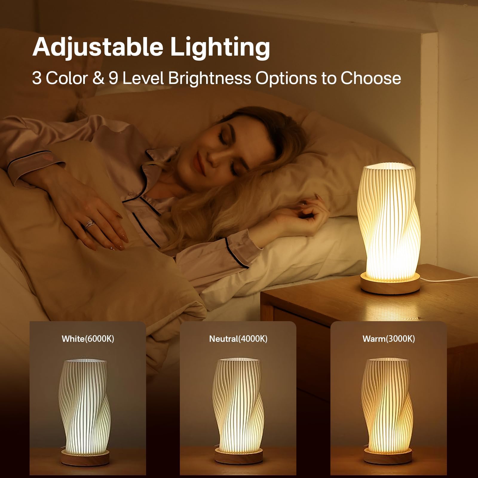 Dawnwake Bedside Lamp with Woodbase - Button Control Table Lamp for Bedroom 12 Way Dimmable Nightstand Lamp with PLA Lampshade for Living Room, Kids Room, College Dorm, Office (White-A, Medium)
