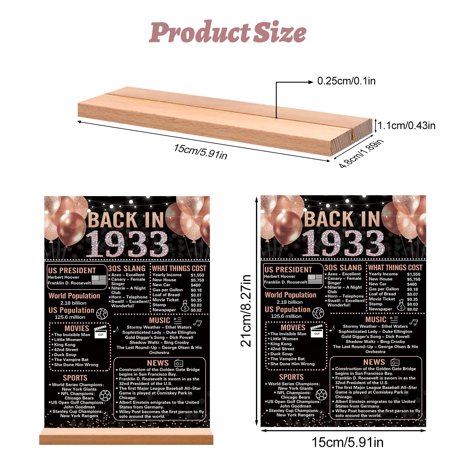 Trgowaul 90th Birthday Decorations Set: Includes Rose Gold Birthday Backdrop Banner 5.9 X 3.6 Fts, Rose Gold Back in 1933 Birthday Poster Acrylic Table Sign with Stand