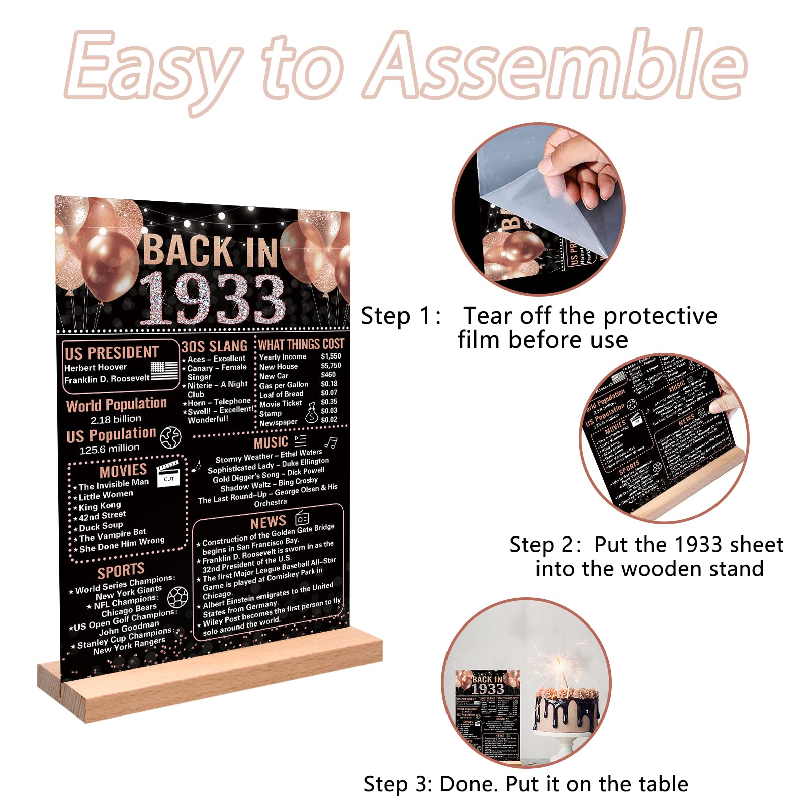 Trgowaul 90th Birthday Decorations Set: Includes Rose Gold Birthday Backdrop Banner 5.9 X 3.6 Fts, Rose Gold Back in 1933 Birthday Poster Acrylic Table Sign with Stand