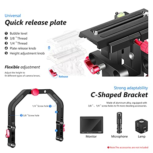 Neewer Shoulder Rig Kit for DSLR Cameras and Camcorders, Movie Video Film Making System with Matte Box, Follow Focus, C-Shaped Bracket, 15mm Rods, Handgrip, 1/4β & 3/8β Threads (Red + Black)